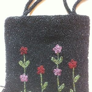 Bags | Black Beaded Cross Body Bag With Colorful Flowers | Poshmark